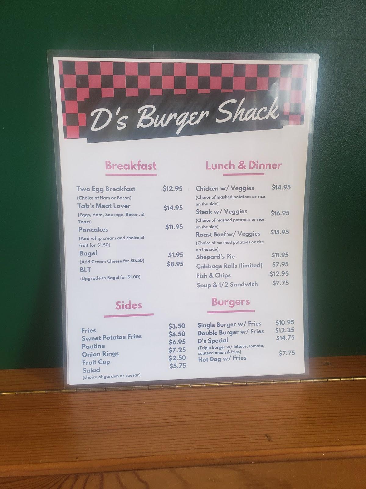 Menu at D's burger shack restaurant, Crossfield