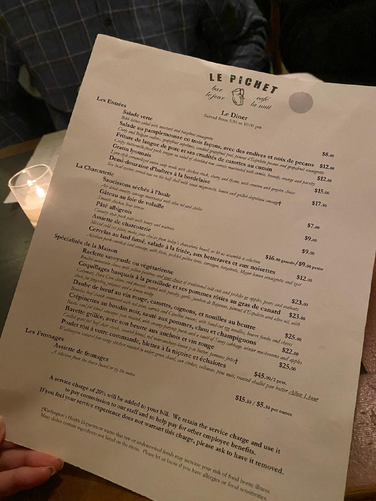 Menu at Le Pichet pub & bar, Seattle, 1st Ave
