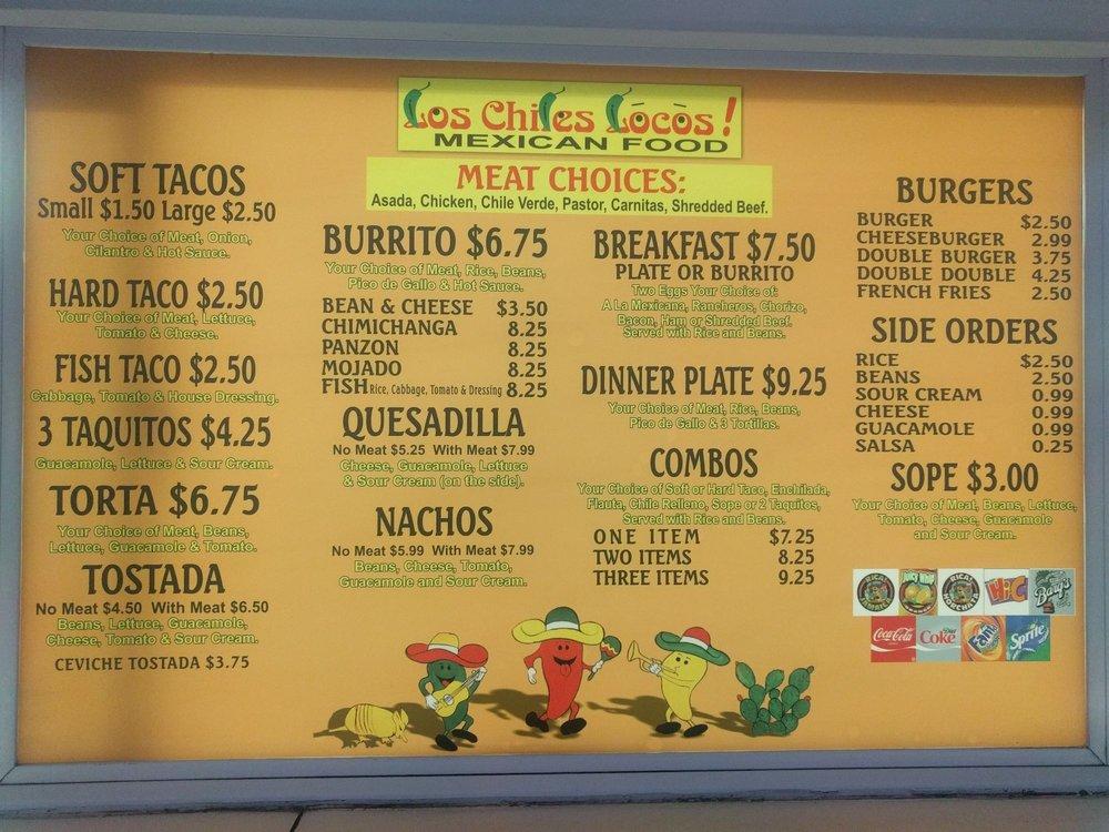 Menu at Los Chiles Locos restaurant, Monrovia