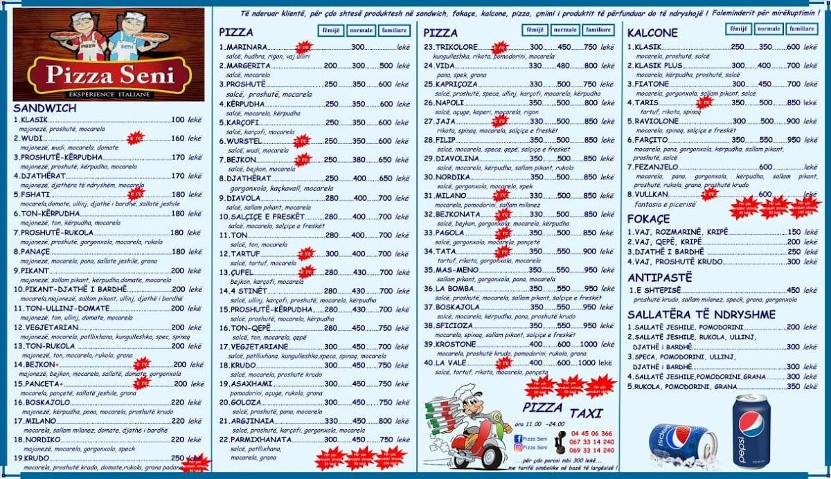 Menu at Pizza Seni pizzeria, Tirana, Rruga Islam Alla 72/1