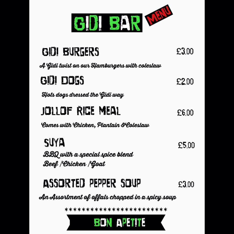 Menu at Gidi Bar, England