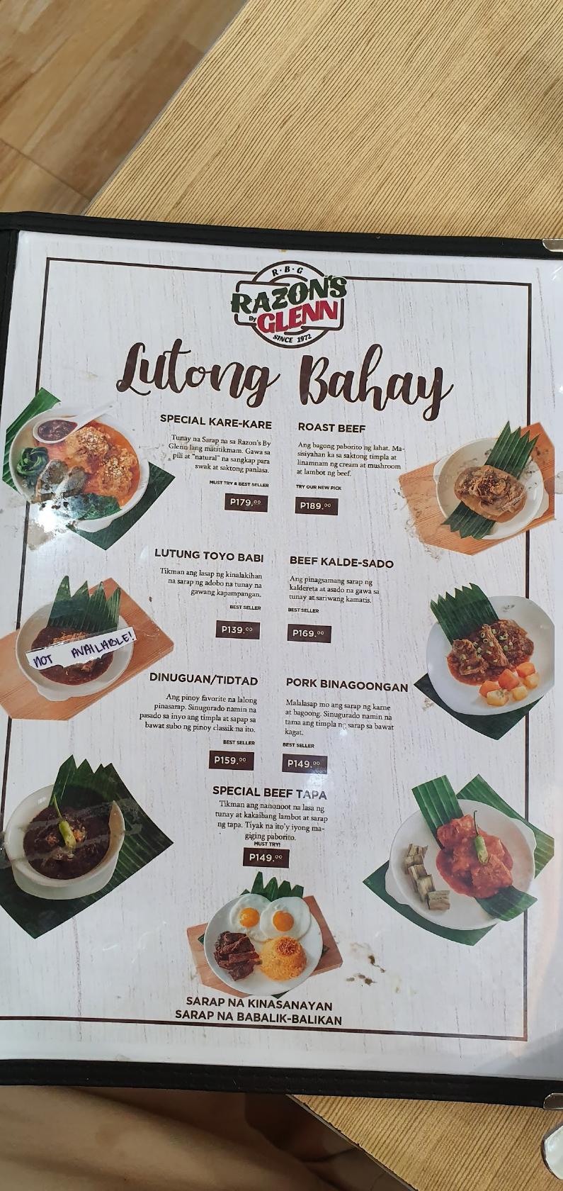 Menu at Razon's of Guagua restaurant, Puerto Princesa