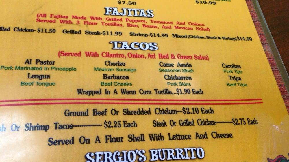 Menu at Sergio's Taqueria restaurant, Osage Beach