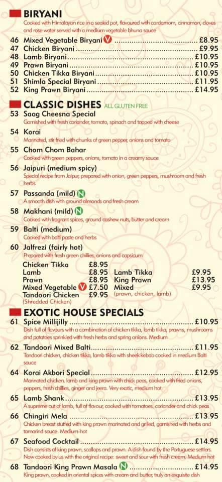 Menu at Shimla restaurant, Beauly