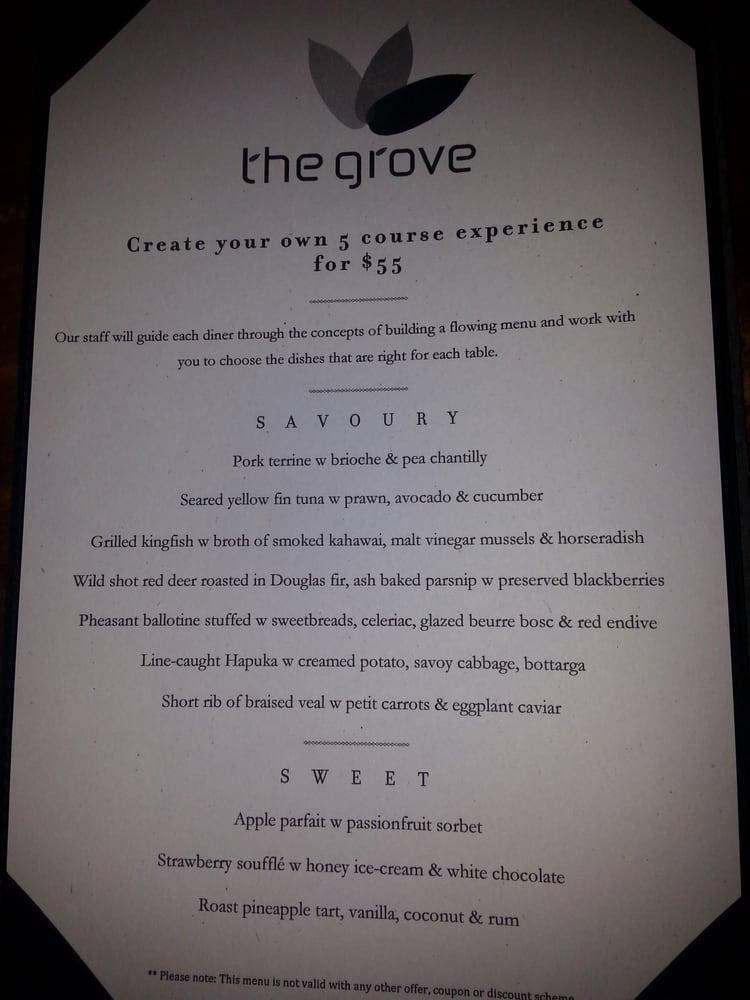 Menu at The Grove Restaurant, Auckland