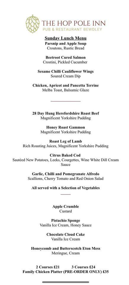 Menu at Hop Pole Inn pub & bar, Bewdley