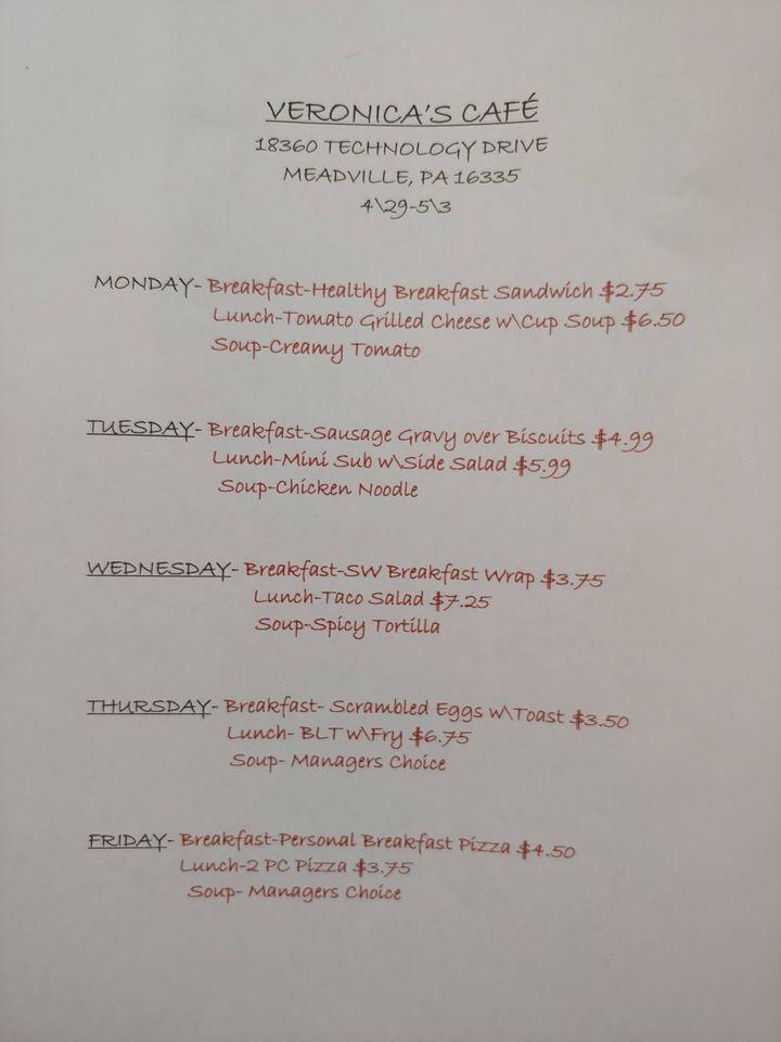 Menu at Veronica's Cafe, Meadville