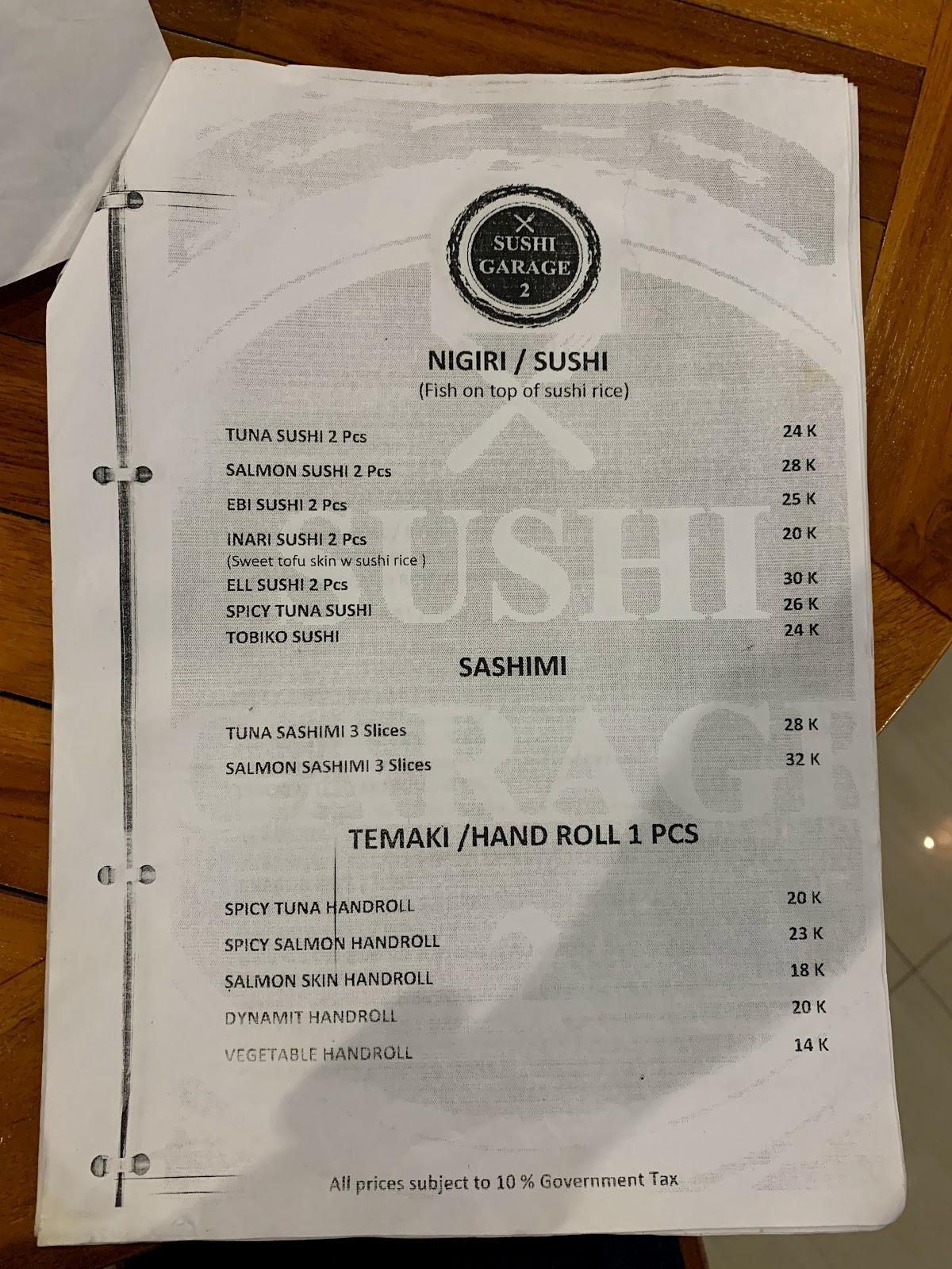 Menu at sushi garage 2 restaurant, Sayan