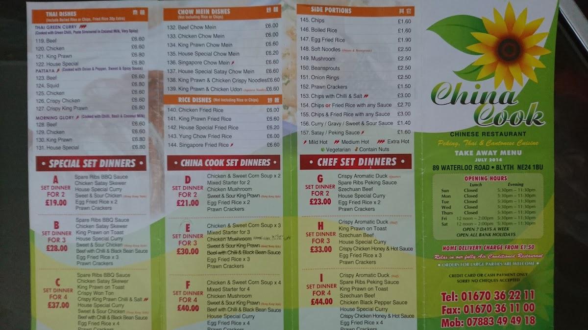 Menu at China Cook restaurant, Blyth, 89 Waterloo Rd