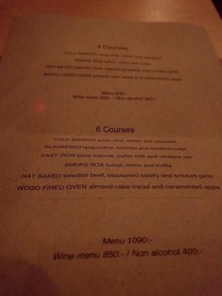 Menu at Ekstedt restaurant, Stockholm