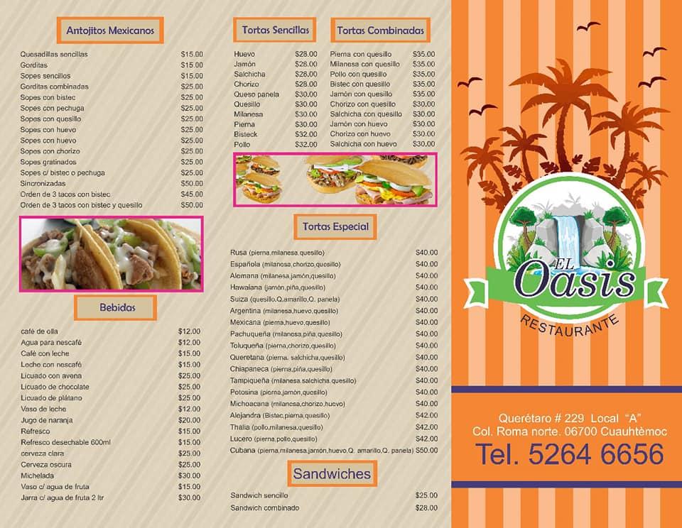 Menu at El Oasis restaurant, Mexico City, Queretaro