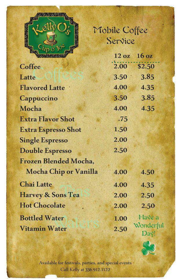 Menu at Kelly O's Cup O'Joe restaurant, Greensboro