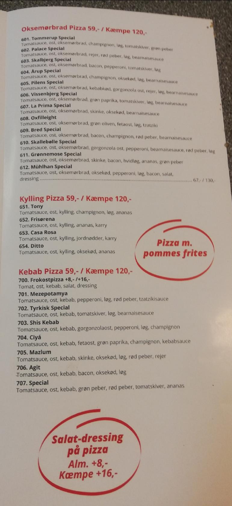 Menu at La Prima restaurant, Vissenbjerg