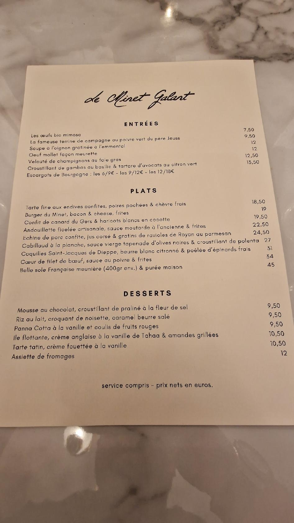 Carta del restaurante Le Minet Galant, Paris