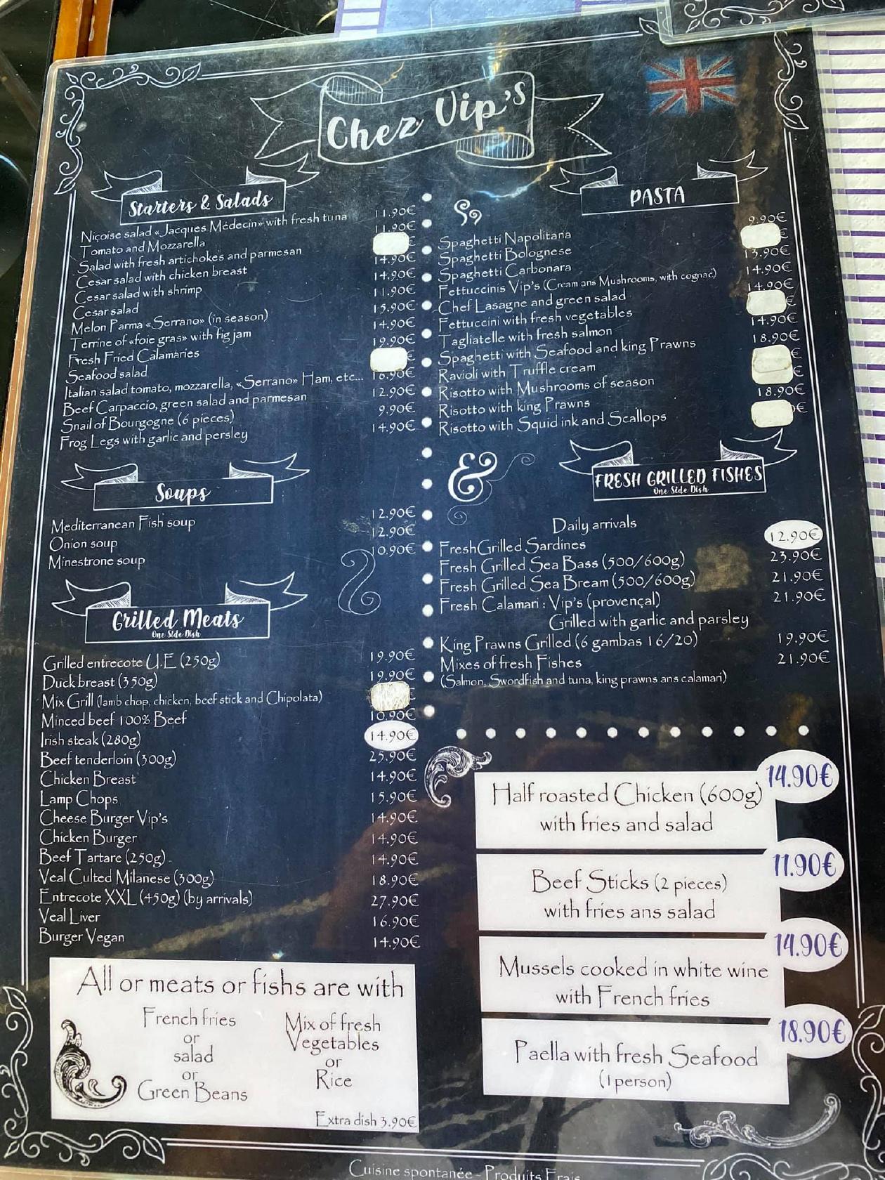 Menu at VIP's Grill restaurant, Nice