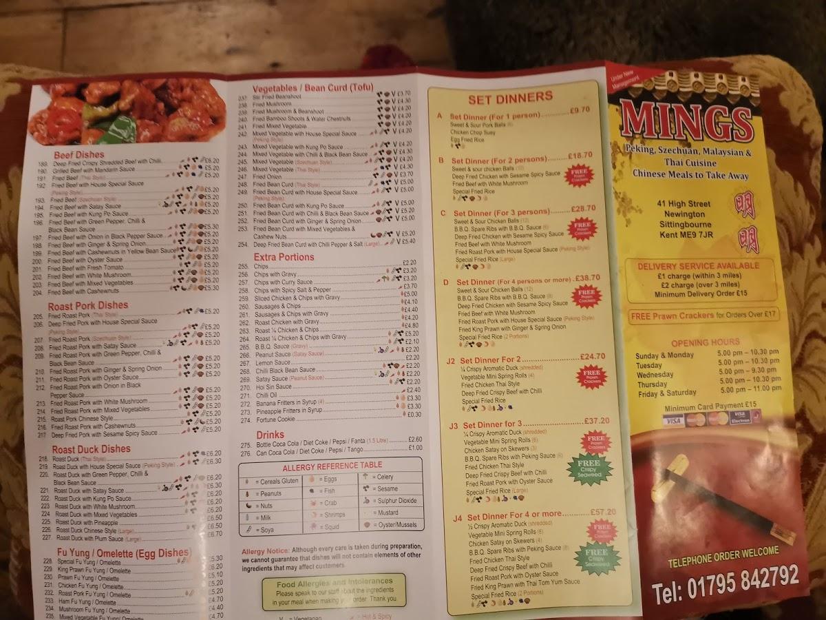 Menu at Mings restaurant, Sittingbourne