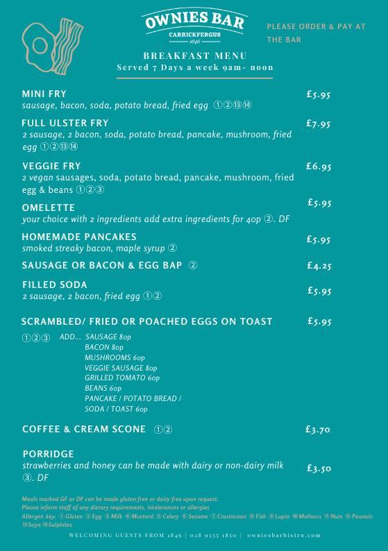 Menu at Ownies Bar and Bistro, Carrickfergus