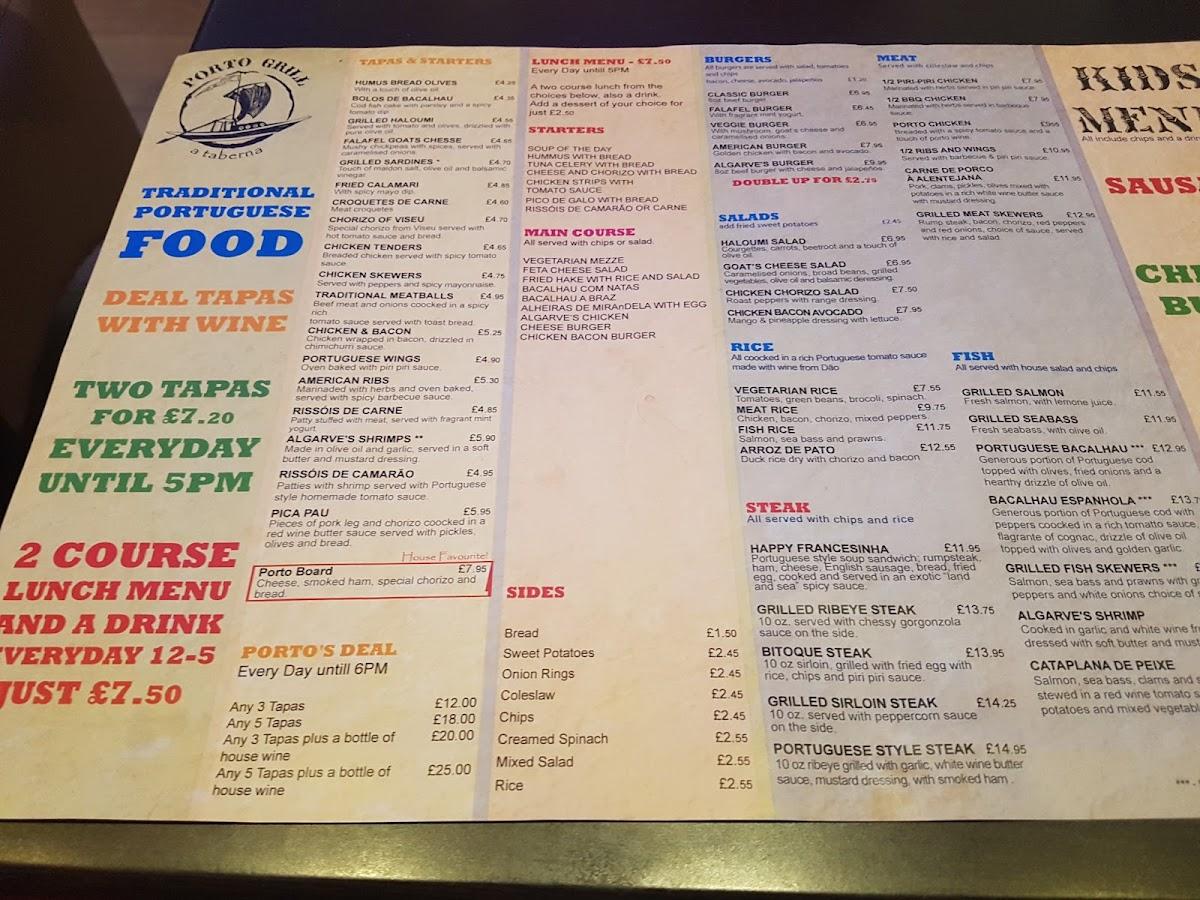 Menu at Porto Grill a Taberna restaurant, Portsmouth