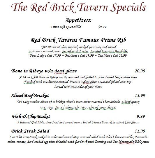 Menu at Red Brick Tavern pub & bar, London, Cumberland St
