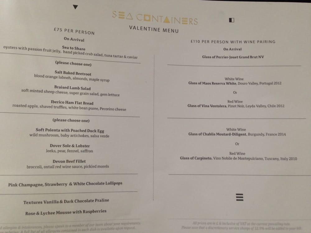 Menu at Sea Containers Restaurant, London