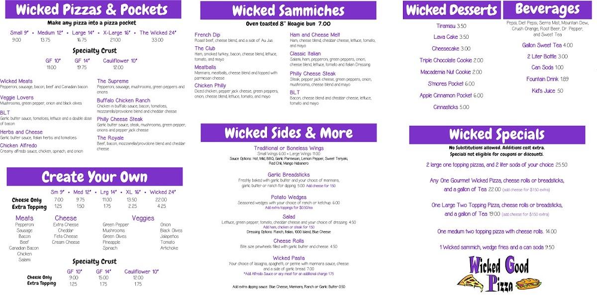 Menu at Wicked Good Pizza In Sattler pizzeria, Canyon Lake, FM2673 ...