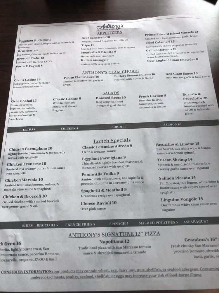 Menu at Anthony's Clam House & Grill steakhouse, Fort Lauderdale