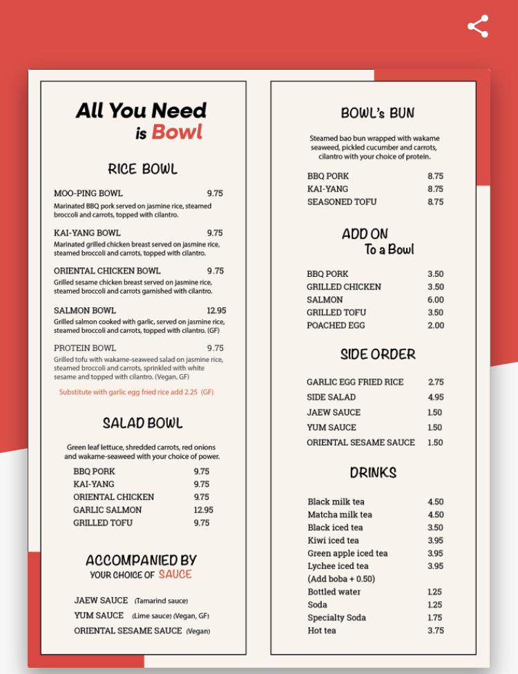 Menu at Bowl Bar, San Diego