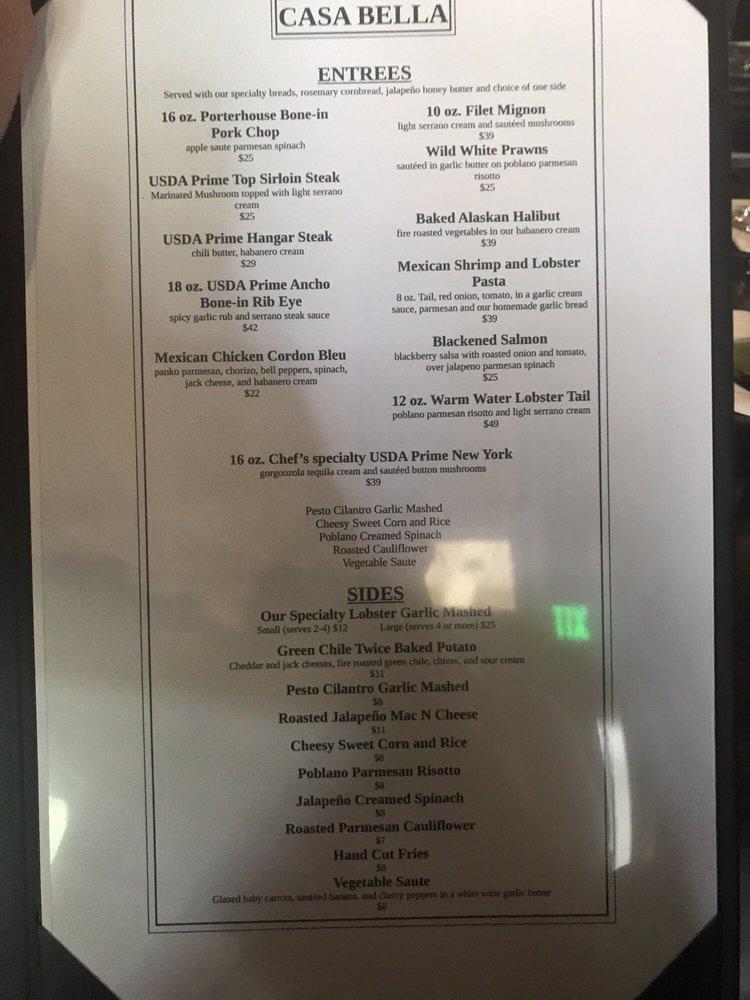 Menu at Casa Bella steakhouse, Ventura