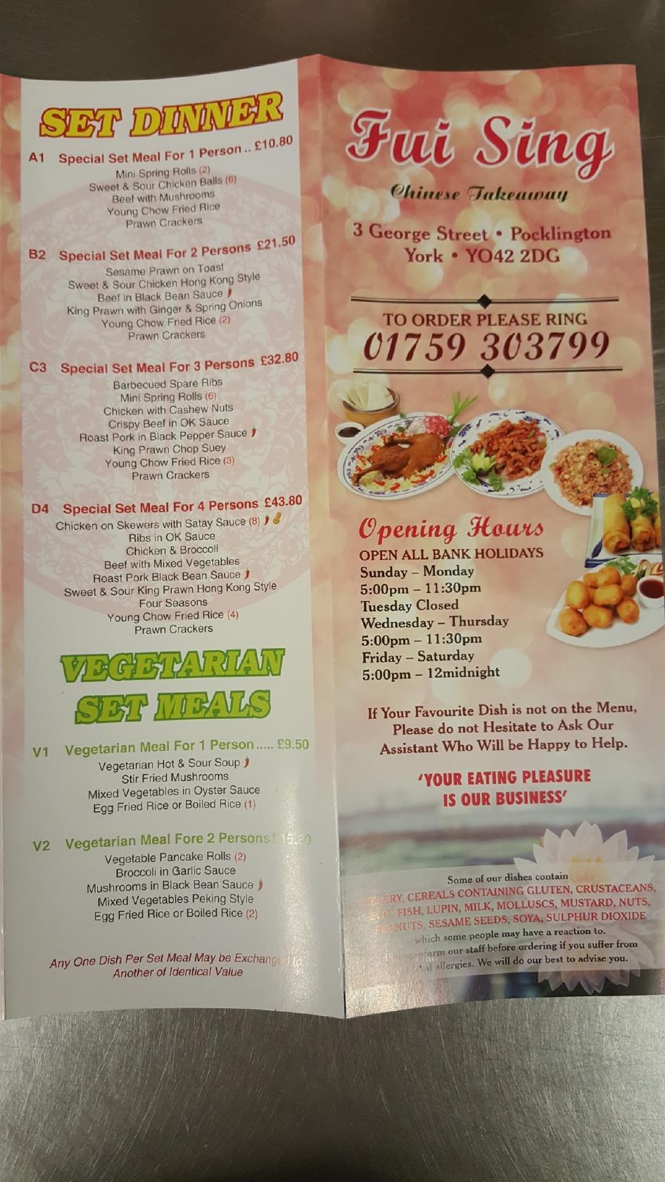 Menu at Fui Sing Chinese Take Away fast food, Pocklington