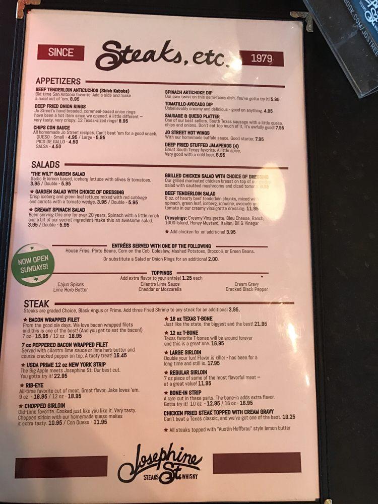 Menu at Josephine Street steakhouse, San Antonio