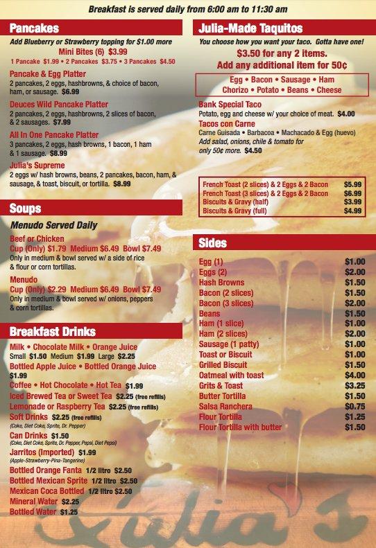 Menu at Julias Restaurant, Los Fresnos