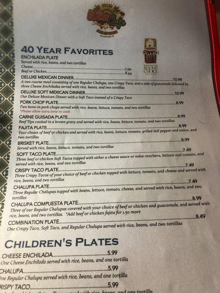 Menu at Original Blanco Cafe, San Antonio, Fredericksburg Rd