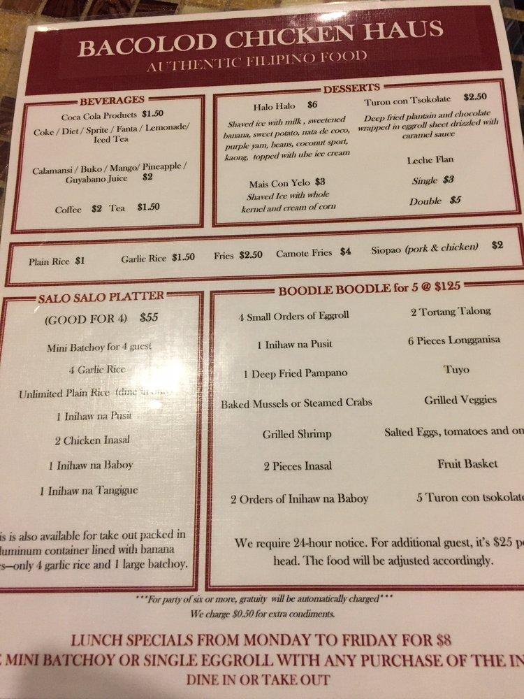 Menu at Bacolod Chicken House restaurant, Chicago