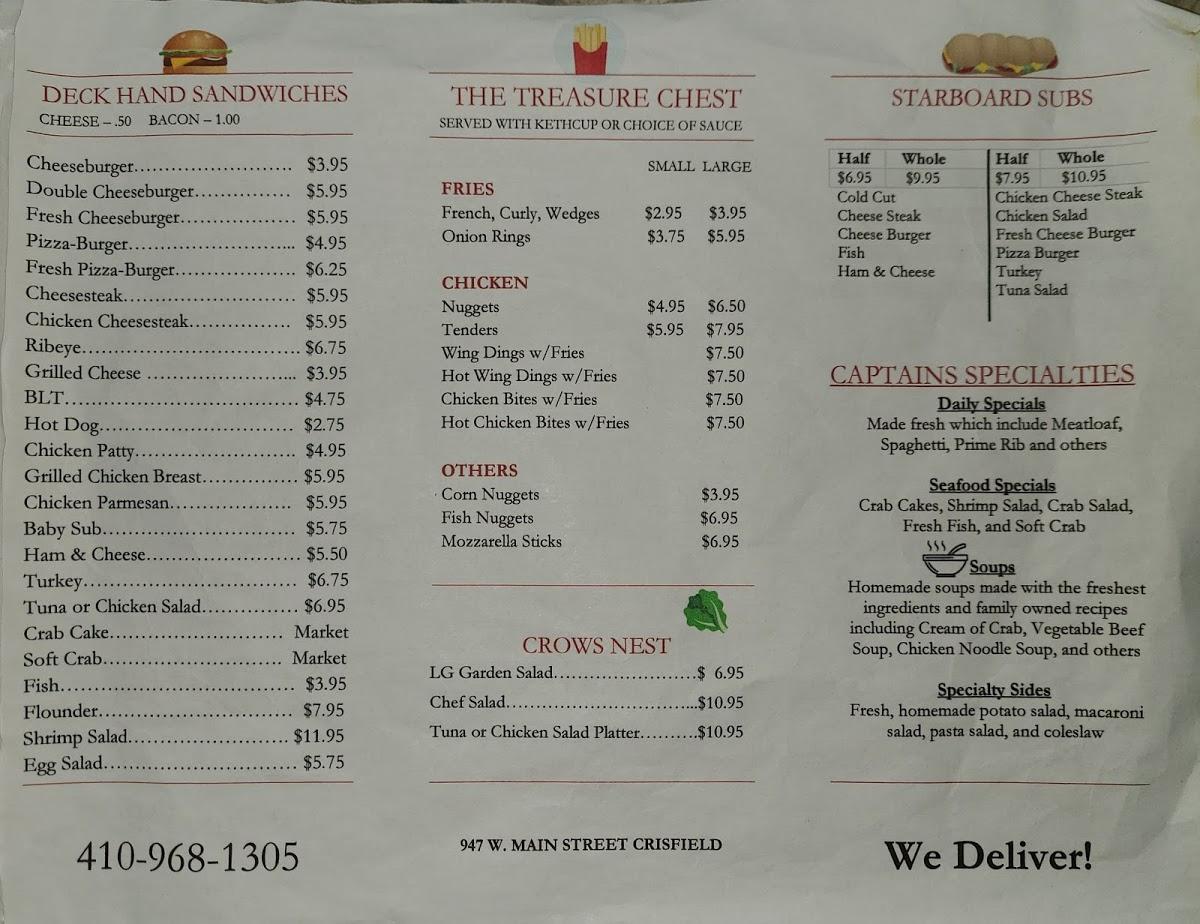 Menu at Captain's Carry Out restaurant, Crisfield