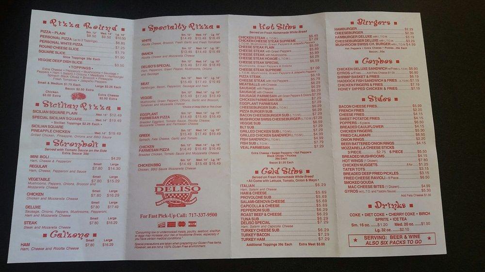 Menu at Deliso Pizza pizzeria, Gettysburg