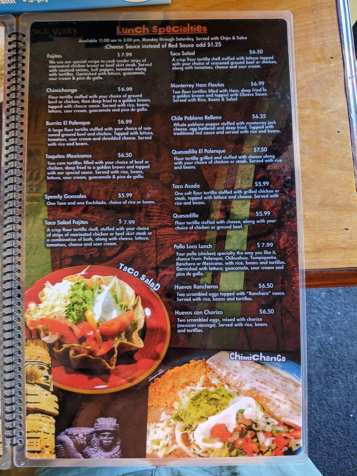 Menu at El Palenque restaurant, Bald Knob