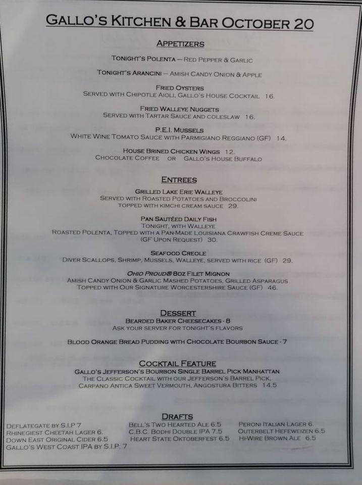 Menu at Gallo's Kitchen & Bar, Upper Arlington