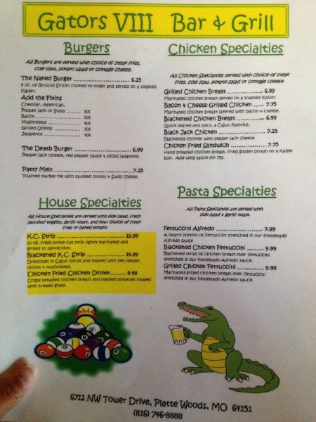 Menu at Gator's Eight Bar & Grill, Kansas City