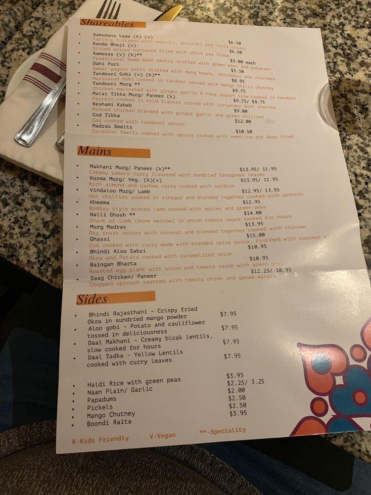 Menu at Haldi restaurant, Toronto