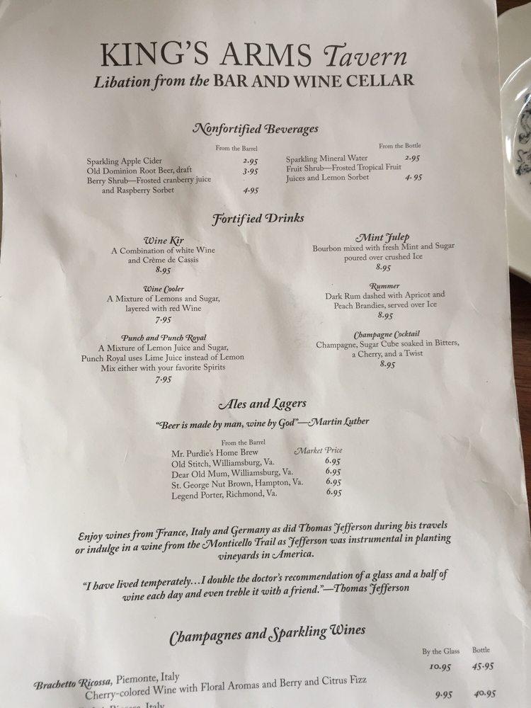 Menu at King's Arms Tavern pub & bar, Williamsburg