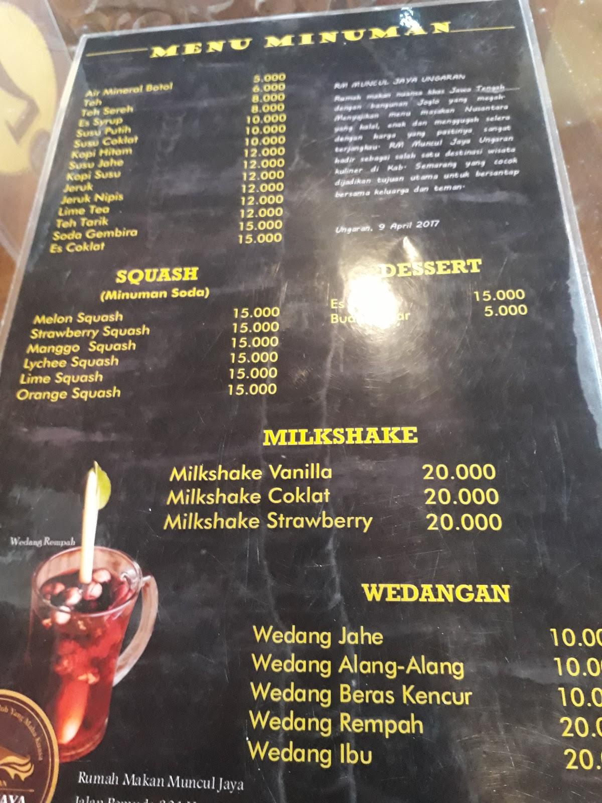 Menu at Muncul Jaya Restaurant, West Ungaran