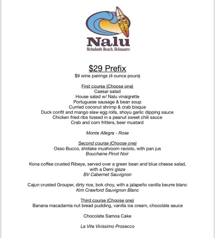 Menu at Nalu restaurant, Rehoboth Beach