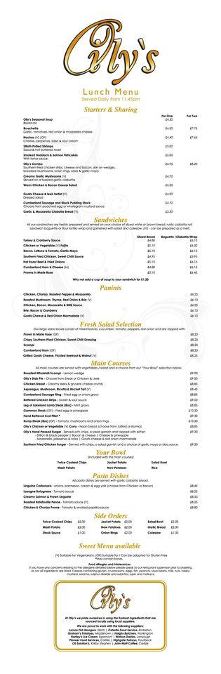 Menu at Oilys restaurant, Workington