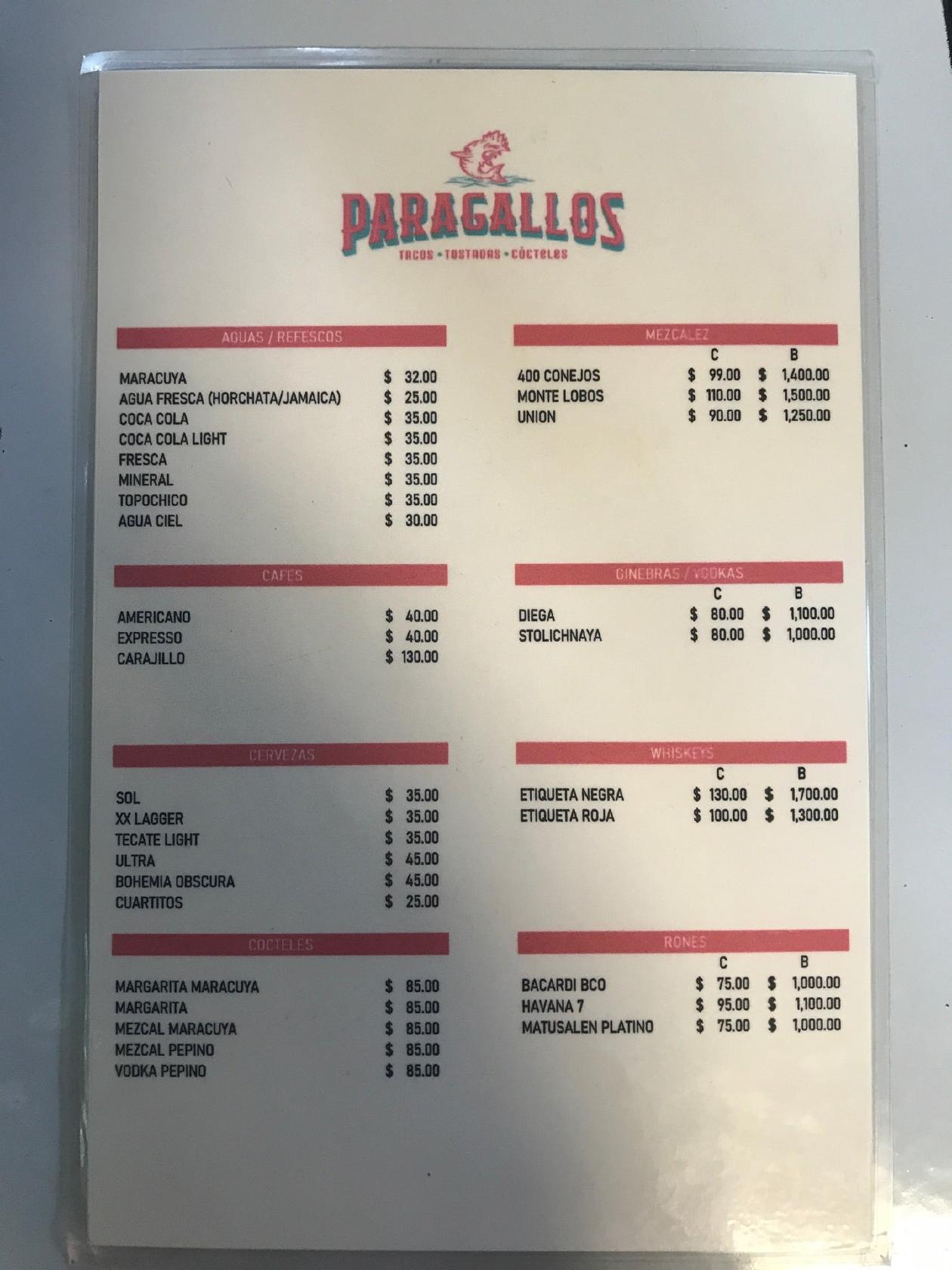 Menu at Paragallos restaurant, Cancún