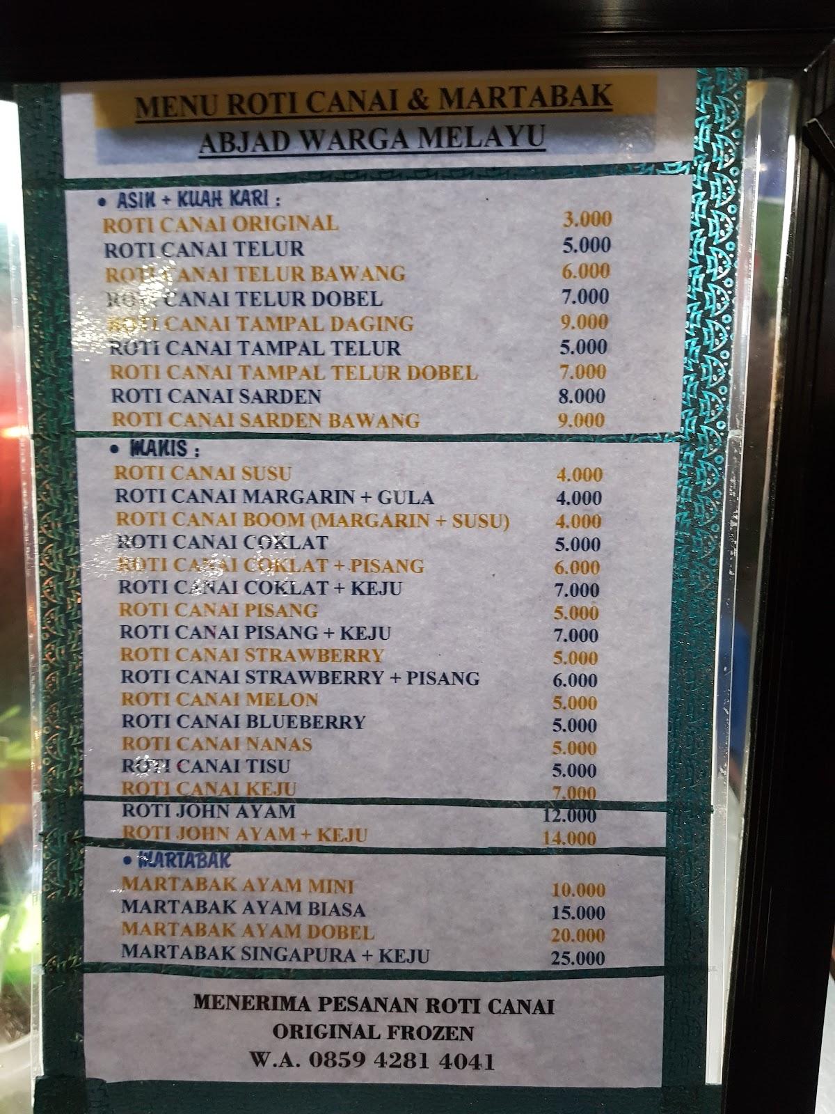 Menu at ROTI CANAI ABJAD WARGA MELAYU restaurant, Kademangan
