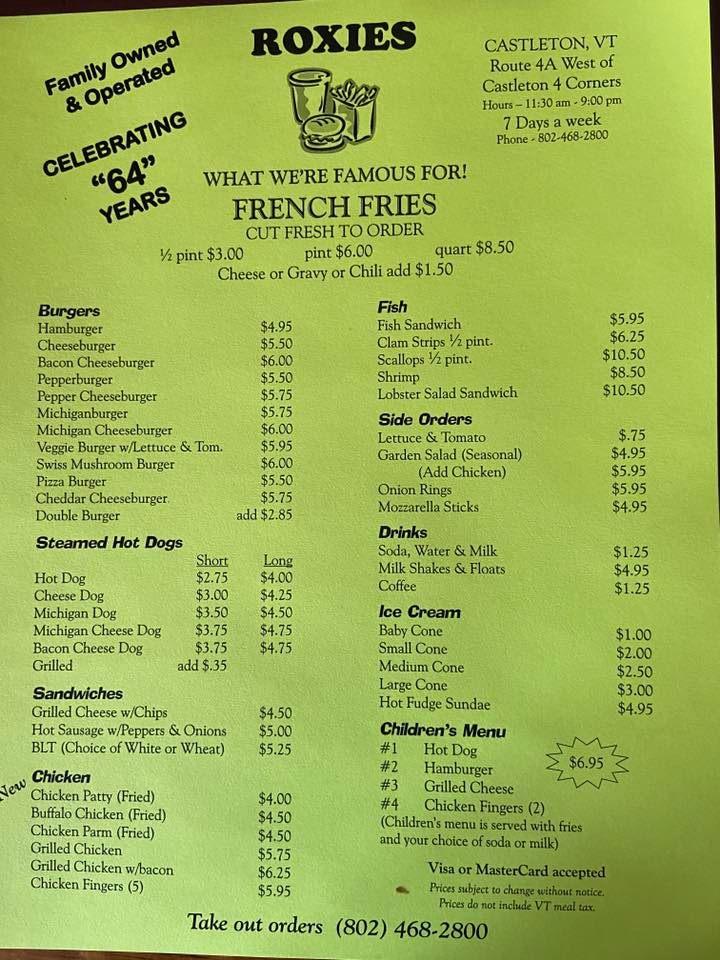 Menu at Roxie's restaurant, Castleton