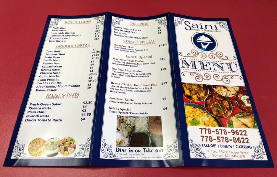 Menu at Saini Sweets Restaurant, Surrey