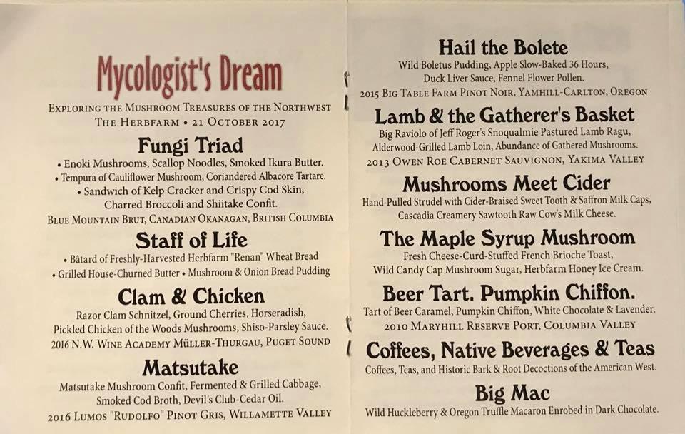 Menu at The Herbfarm restaurant, Woodinville