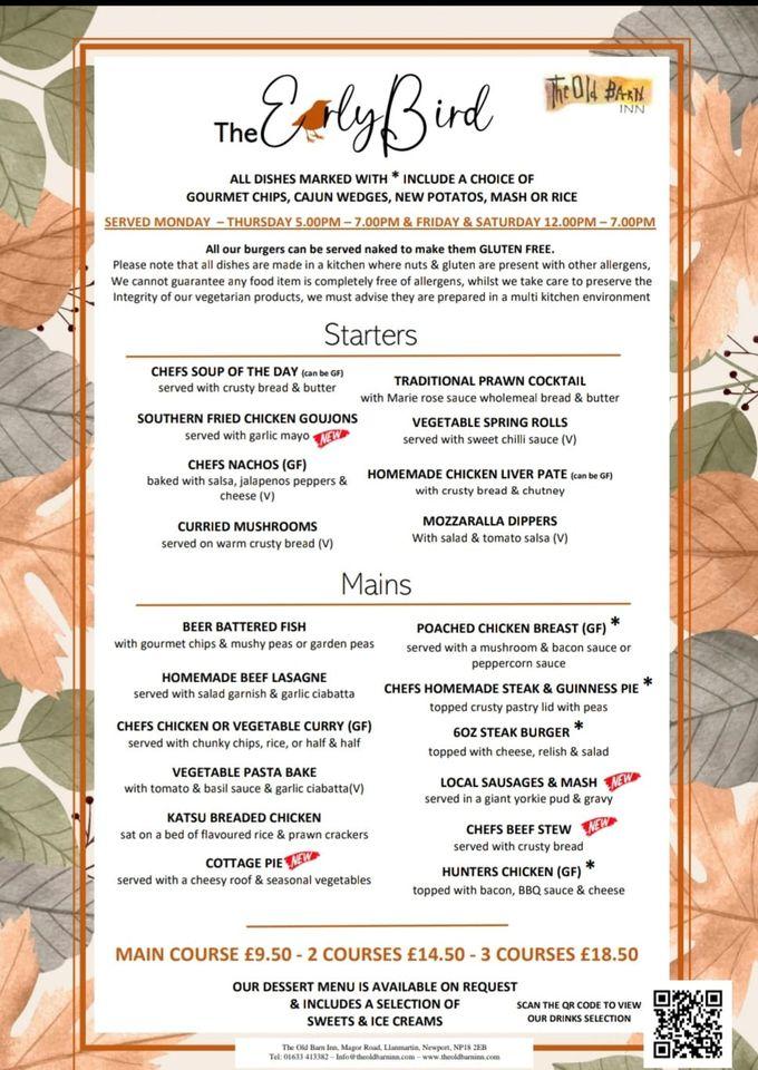 Menu at The Old Barn Inn, Newport