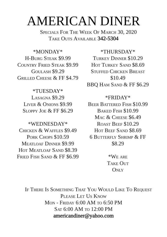 Menu at American Diner restaurant, Philipsburg, 1841 Philipsburg Bigler Hwy